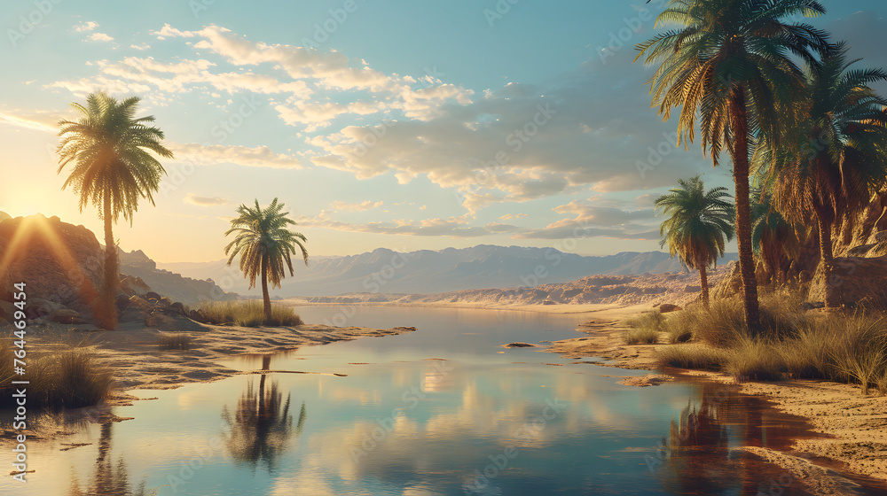 Surreal desert oasis scenes, playing with mirage effects to add an ...