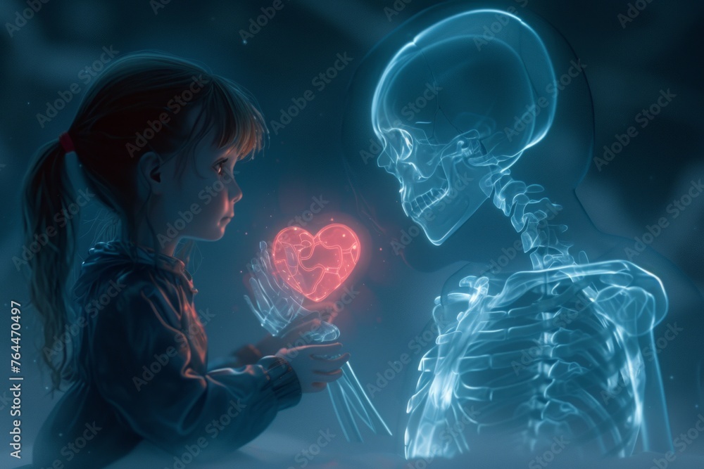 The little girl gives her love heart to the soul of a dry skeleton ...