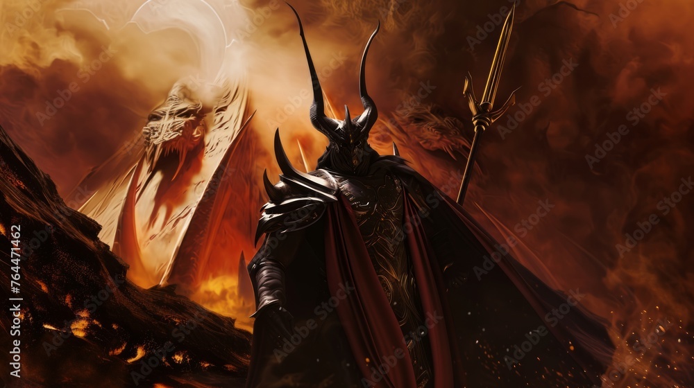 The dark lord with long horns and black armor stands in front of the ...