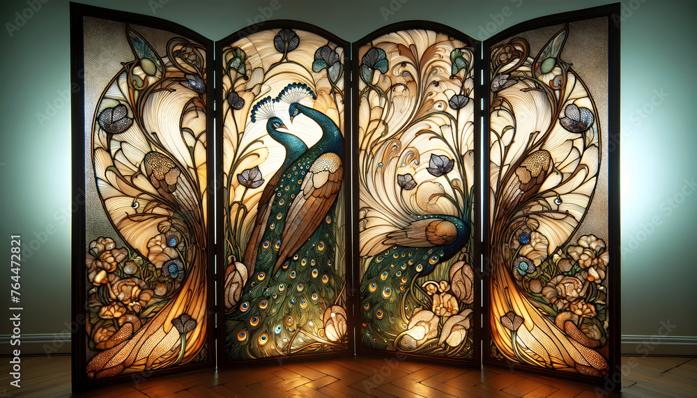 a beautiful lit folding screen, featuring an intricate Art Nouveau ...