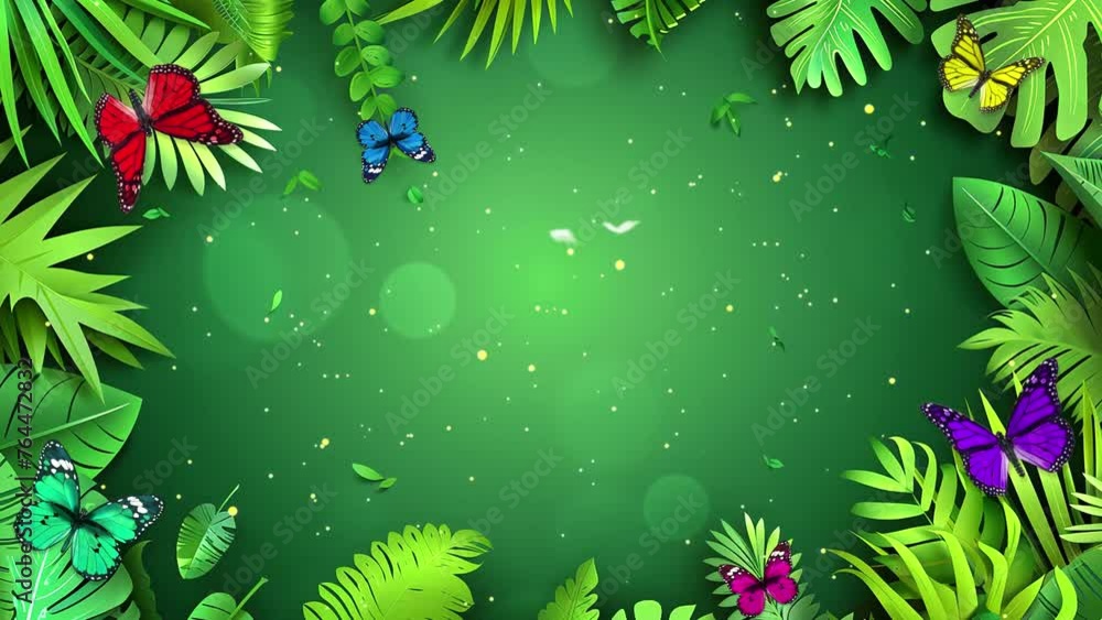 green summer background with tropical papercut leaves and space for ...