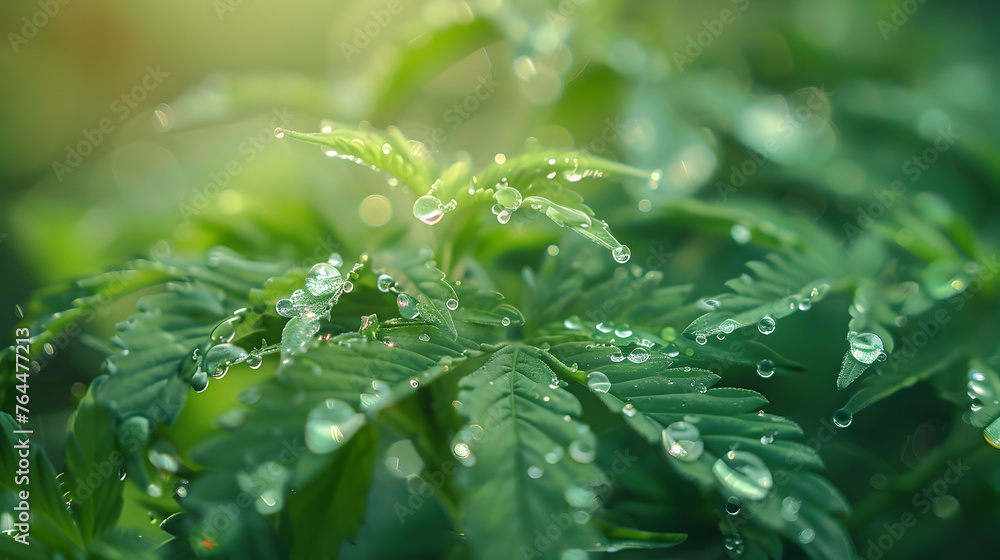 A detailed view of a green plant with transparent water droplets on its ...