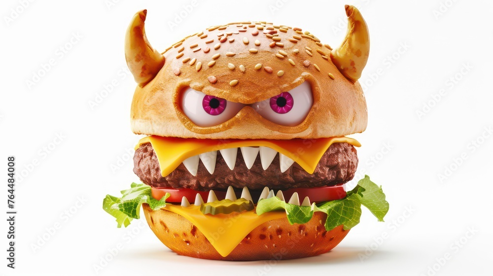 A creative and colorful representation of a burger with devilish horns ...