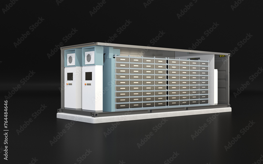 Cutaway view of Containerized Battery Energy Storage System on black ...
