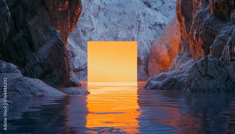 A fiery rectangular monolith stands as a portal on a desolate shoreline ...