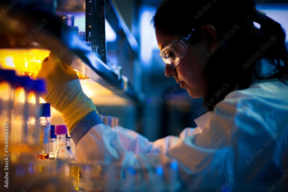 Female scientist wearing lab coat and goggles conducting experiment in ...
