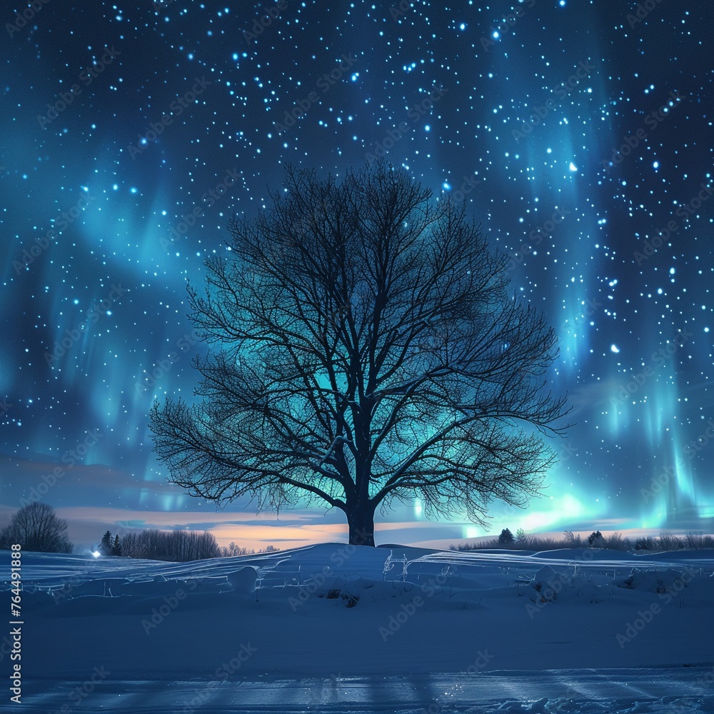 Beautiful tree silhouette, snowflakes glinting, under the northern ...