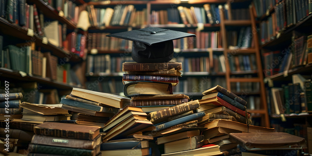 A stack of books on a table in a library with a book on the top. Stock ...