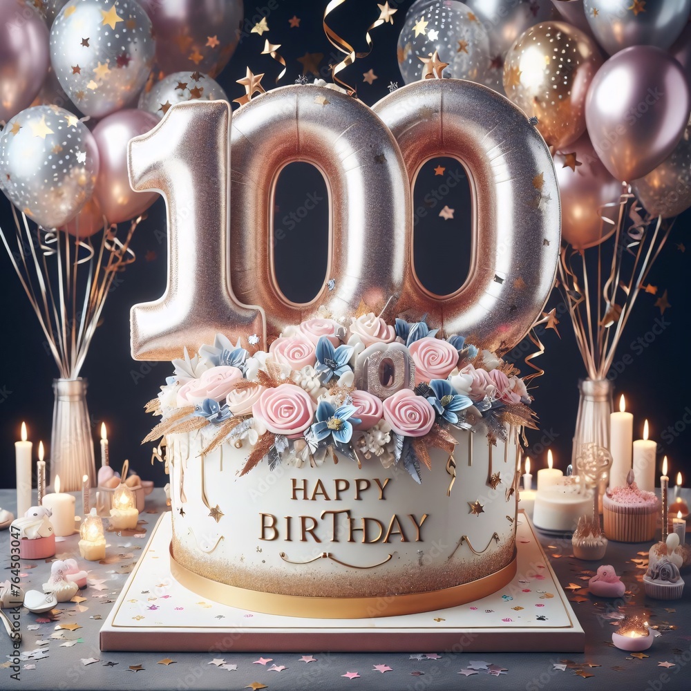 Vector Illustration of a Number 100th Birthday Balloon Celebration Cake ...