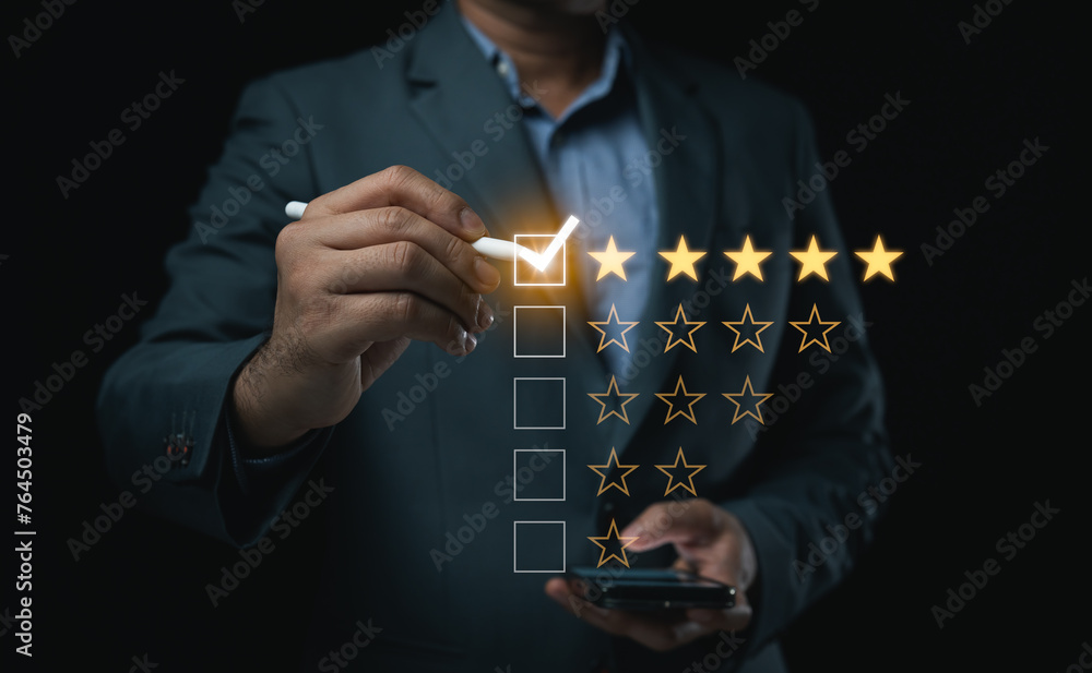 Customer Giving Five Star Rating Review. Businessman in suit digitally ...