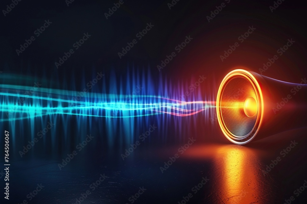 single sound speaker and blasting soundwaves on a pure black background ...