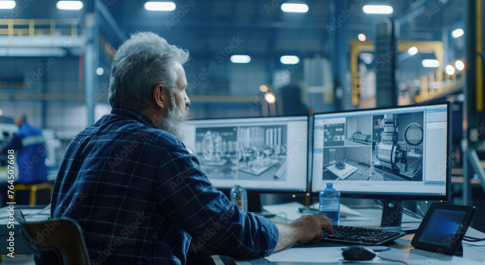 In the modern factory, an engineer is using three computer monitors to ...