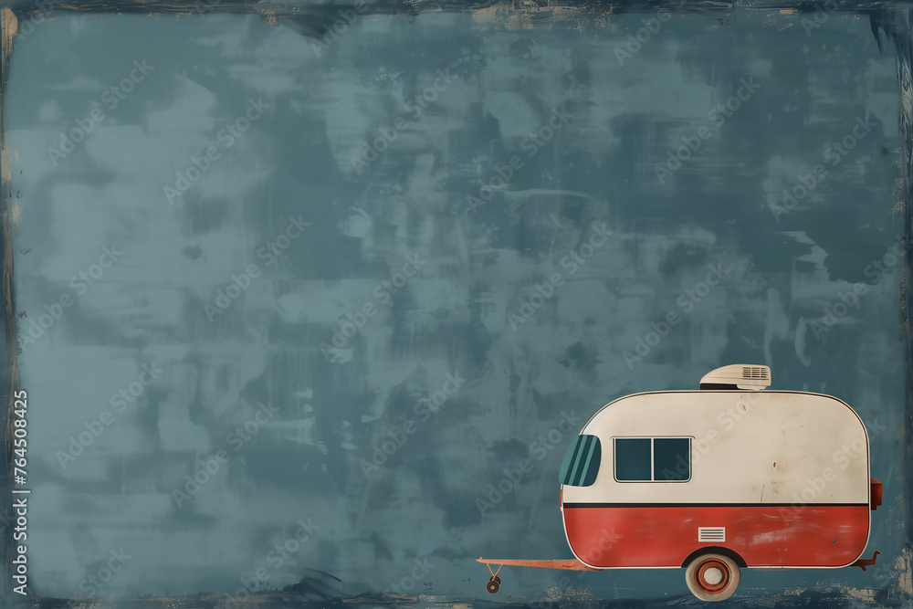 caravane de profil vintage sur un fond bleu texturé avec espace négatif ...