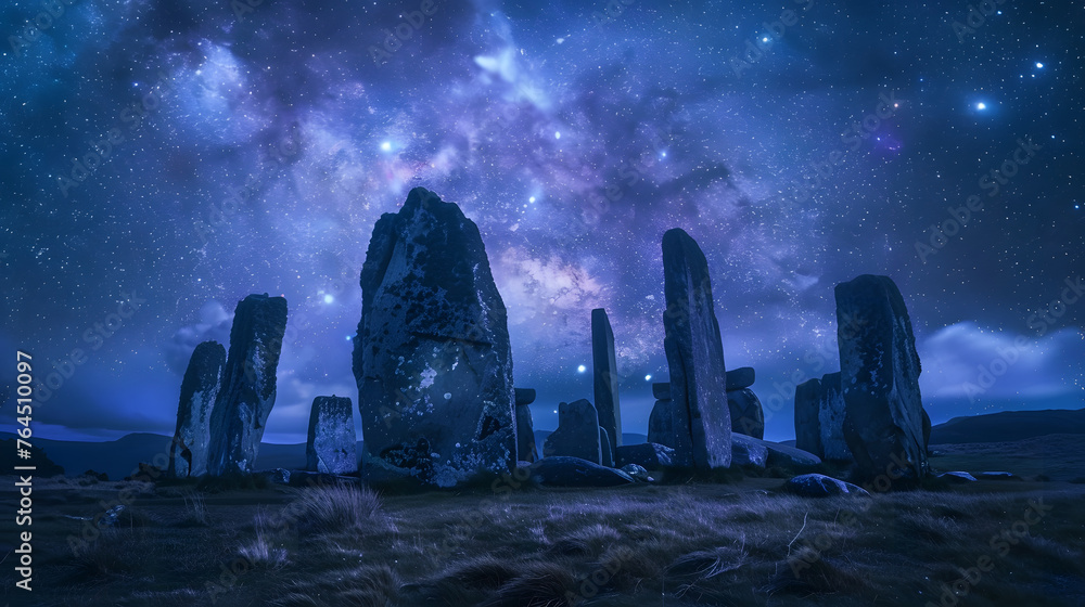 Neolithic stone circle silhouetted against a vivid Milky Way ...