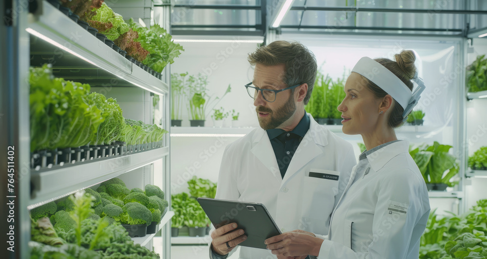 food engineers wearing white coats and hair covers on their heads ...