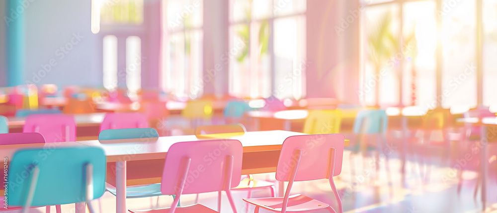 Classroom background with colorful tables and chairs and natural light ...