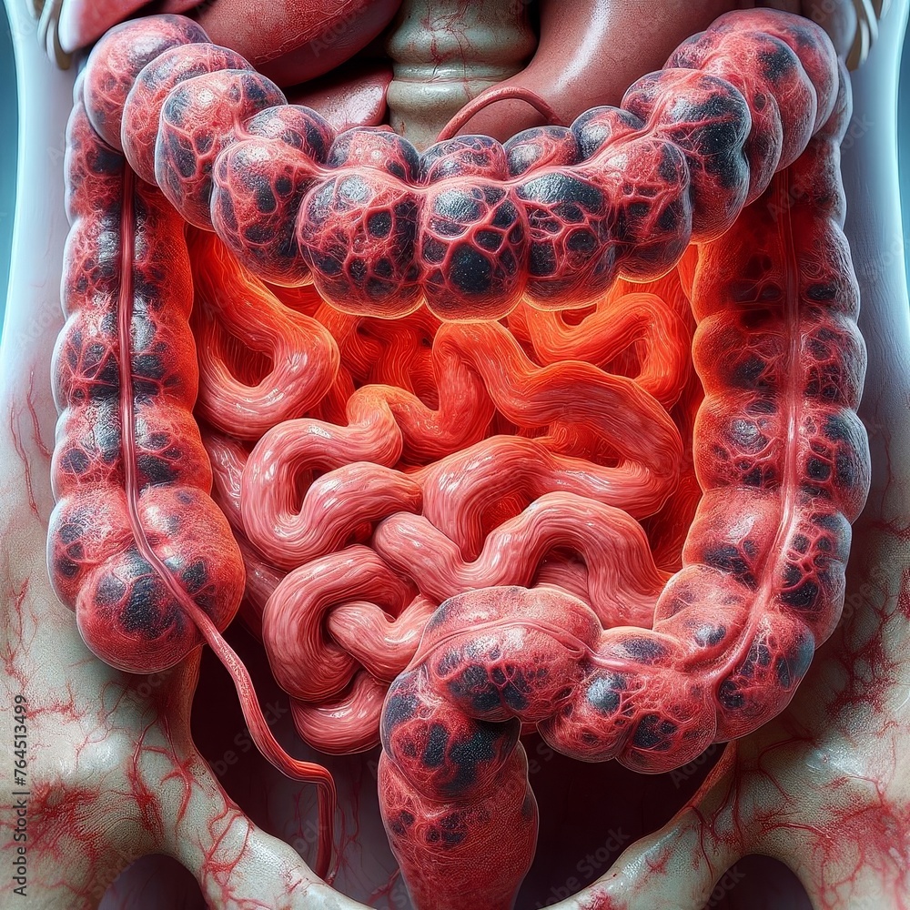 Close-up view of a color image showing the inflammation in the colon ...