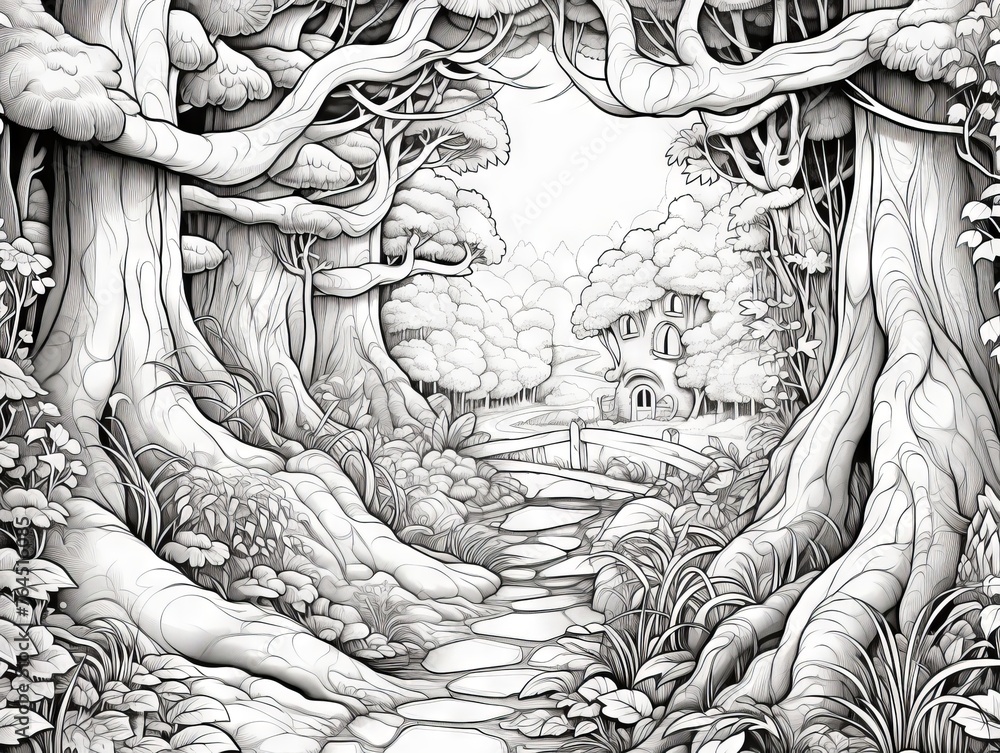 Enchanted forest pathway: mystical trees tunnel in monochrome - fantasy ...