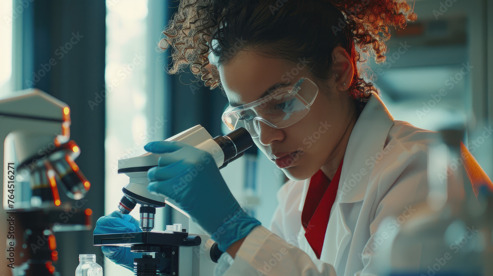 A young female scientist in a white lab coat and blue gloves is looking ...