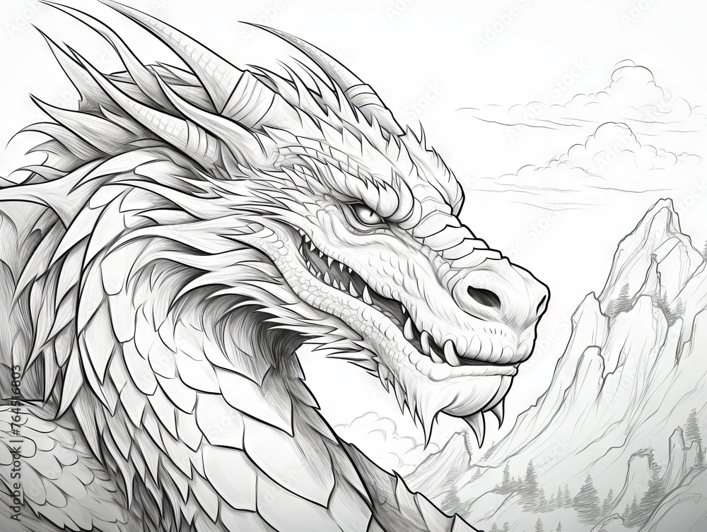 Monochrome dragon illustration for coloring - fantasy creature line art ...