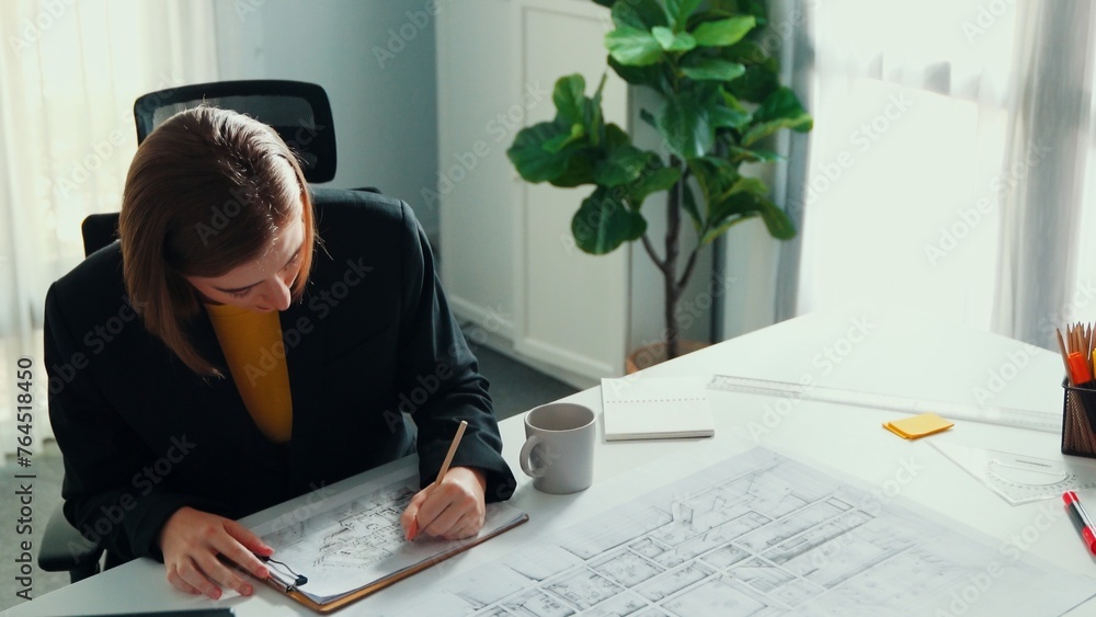 Foto de Top view of smart civil engineer drawing and measuring ...