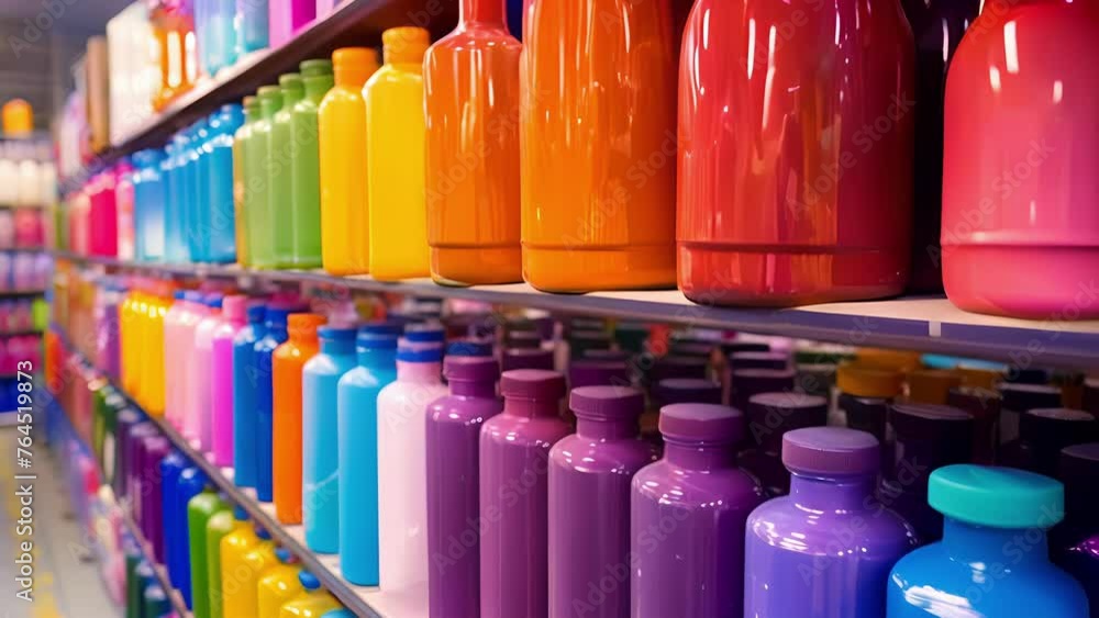 Rows of colorful adhesive and sealant containers line the shelves of a ...