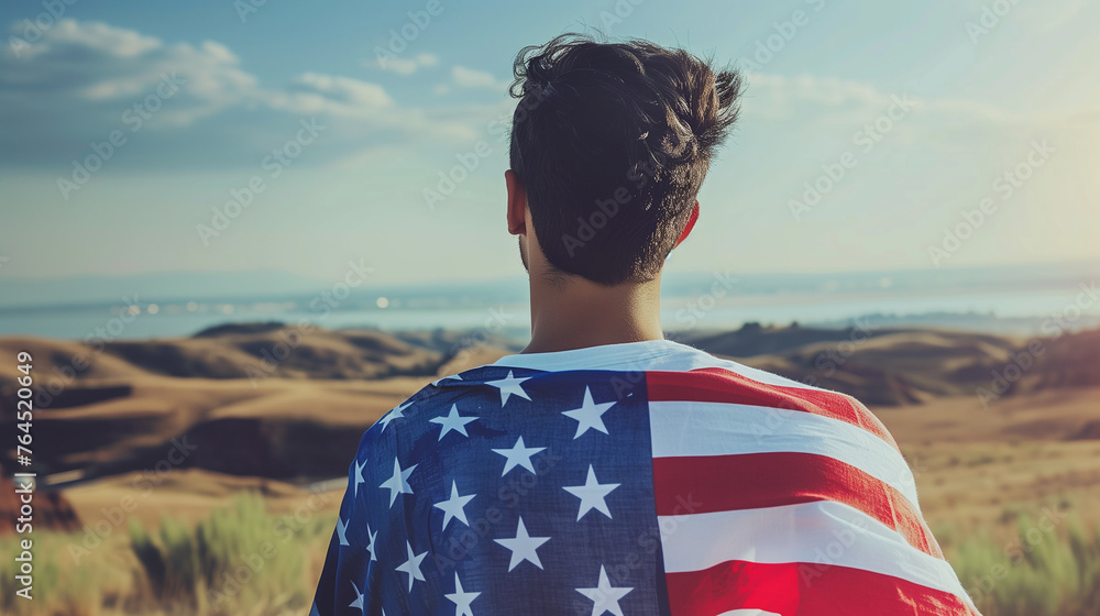 Back view of Men wearing American flag. The concept of History and ...