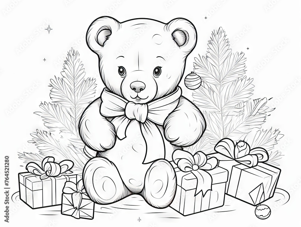 Christmas bear coloring page - hand-drawn festive illustration in black ...