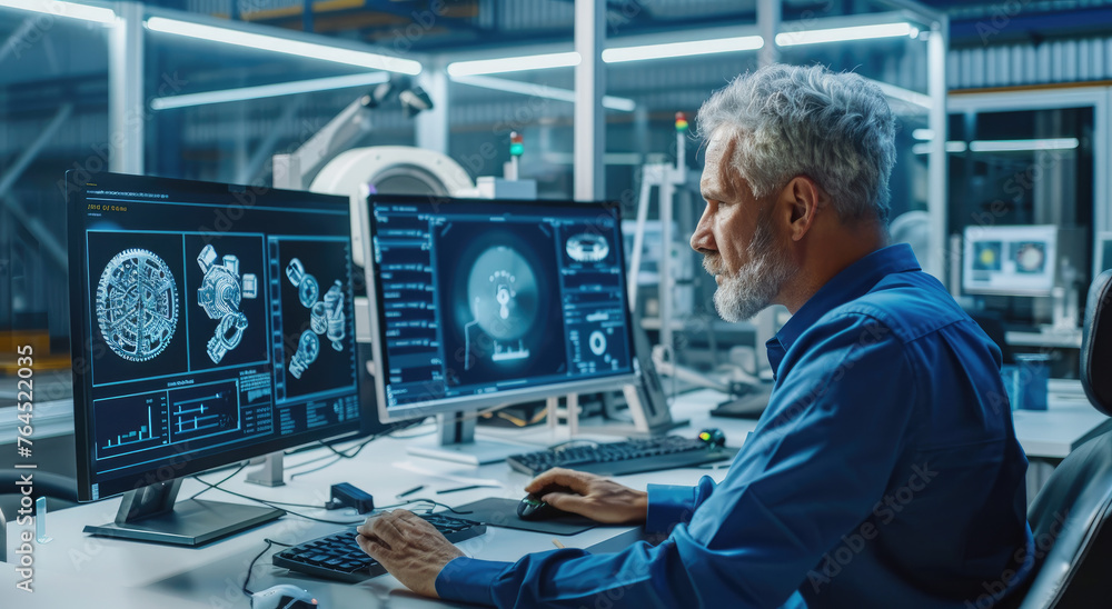 In the modern factory, an engineer is using three computer monitors to ...