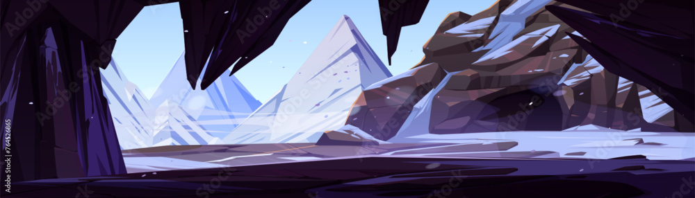 View from cave at snowy mountains. Vector cartoon illustration of rocky ...