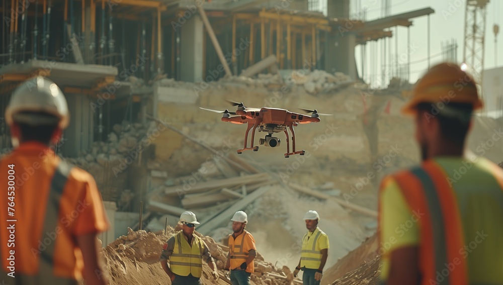 A group of construction workers observe a drone flying over the ...