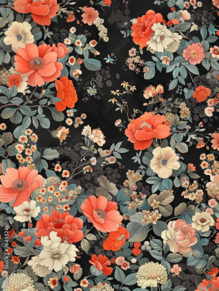 A floral pattern that tells a story or depicts a specific scene using ...