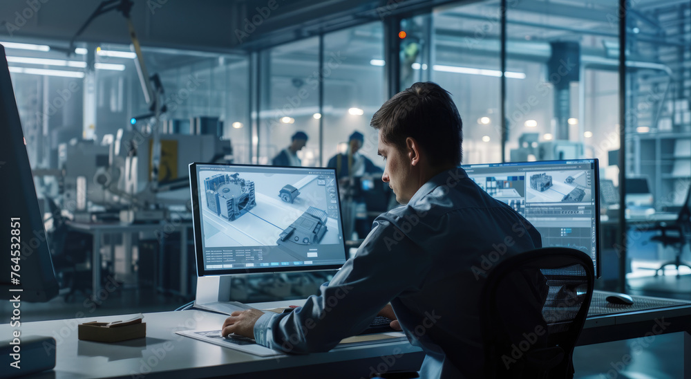 In the modern factory, an engineer is using three computer monitors to ...