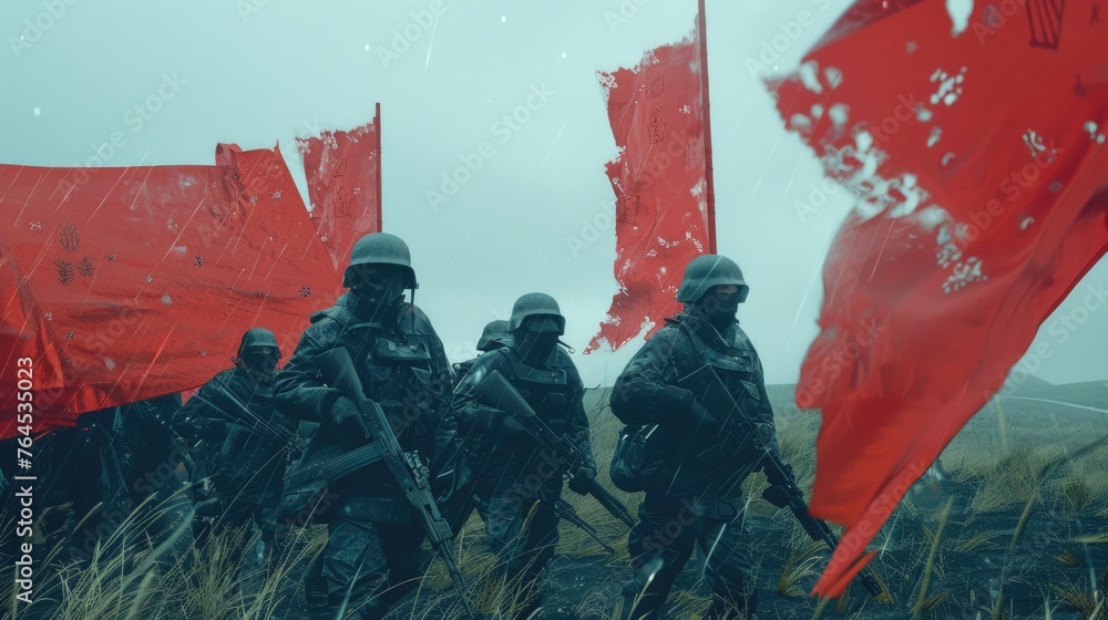 Group of soldiers marching through an open field. Suitable for military ...