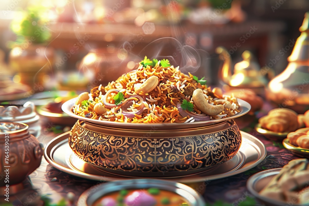 Biryani Banquet a grand banquet table filled with aromatic biryani rice ...