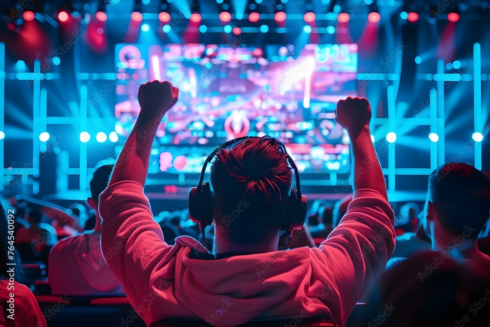 Futuristic eSports arena with fans cheering players competing on stage ...