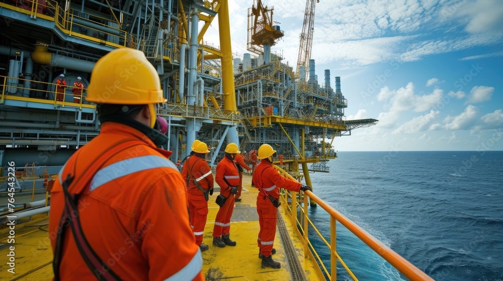 Oil workers, wearing helmets and personal protective equipment, stand ...
