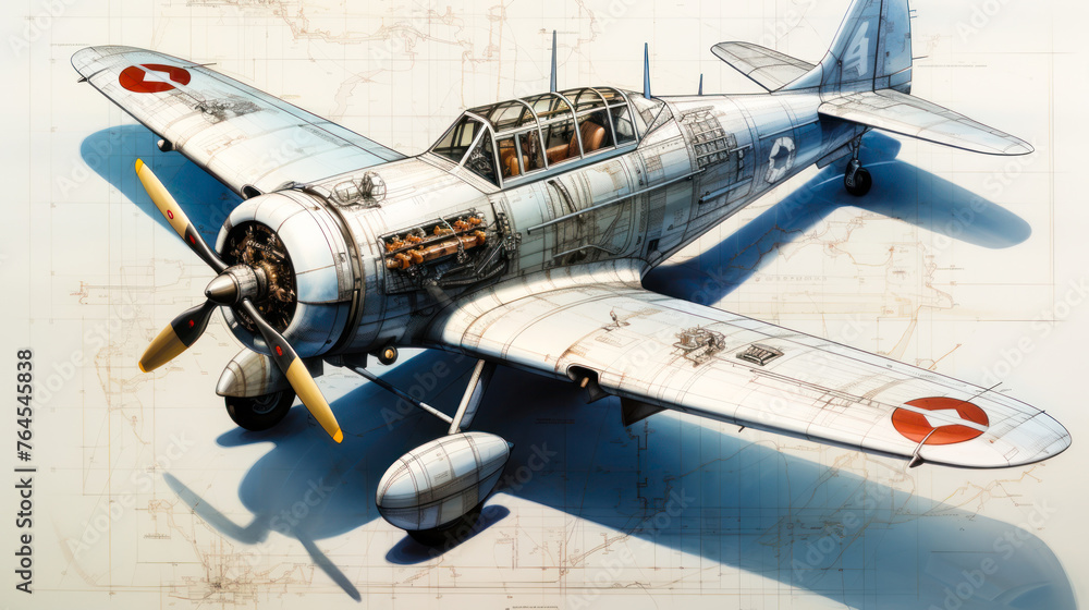 Vintage aircraft on engineering blueprints, merging historical aviation ...