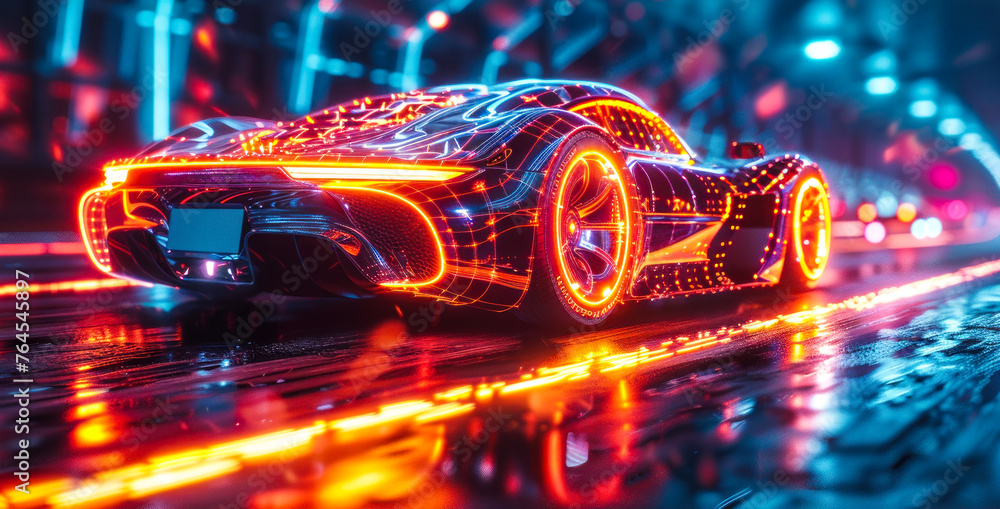 Futuristic supercar with glowing neon lights speeding on a digital ...