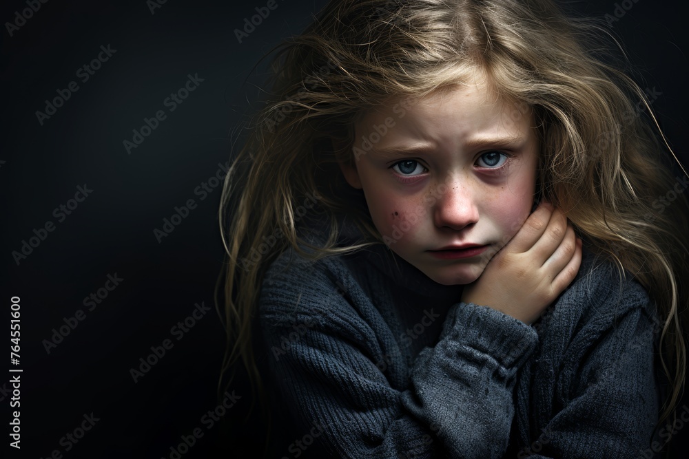 Portrait photograph of a tearful child, their parent's figure obscured ... Portrait photograph of a tearful child, their parent's figure obscured ...
