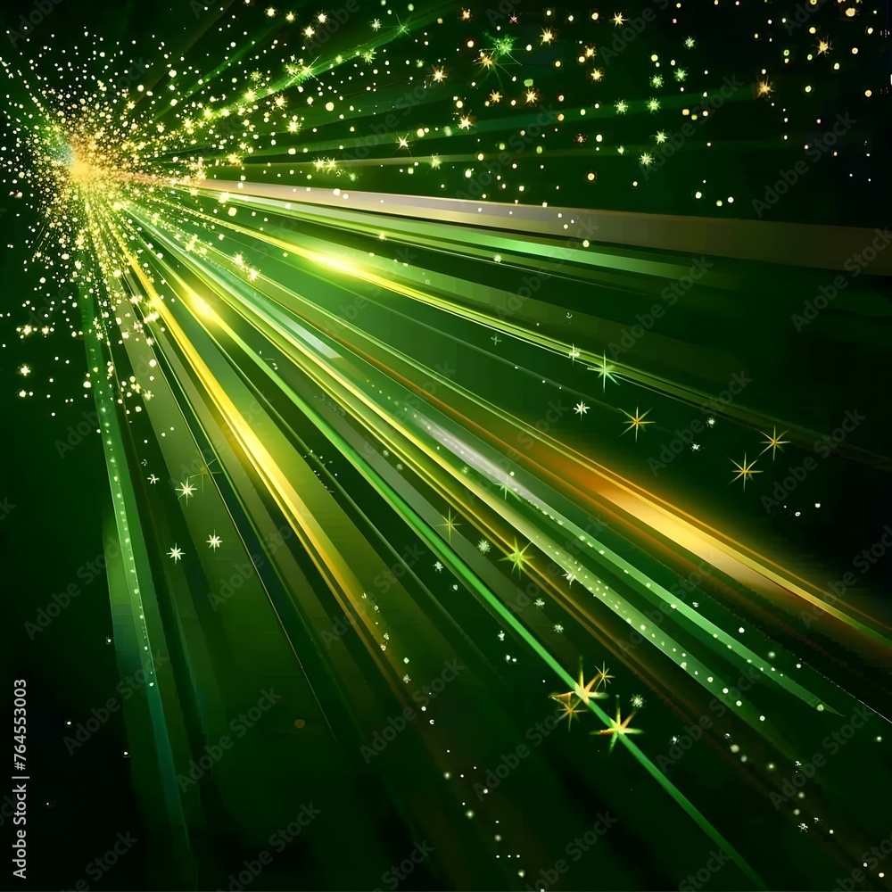 Artistic depiction of an asymmetric green light burst with radiant rays ...