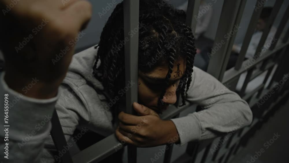 Vidéo Stock Upset African American teenage prisoner stands in prison ...