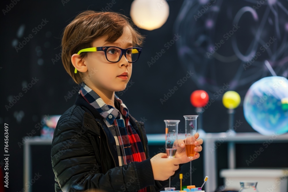 child with glasses presenting a science fair project Stock Photo ...