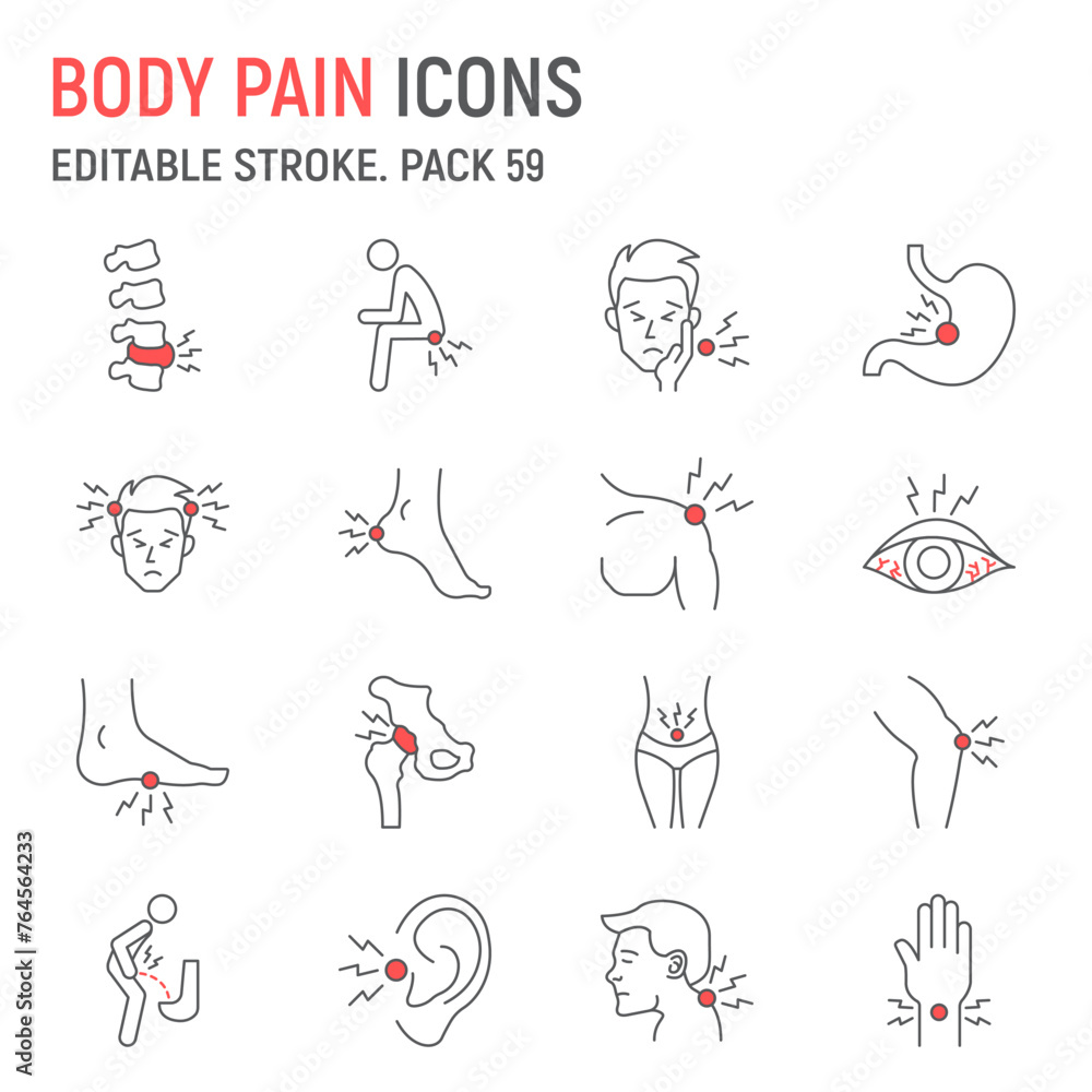 Body pain line icon set, human disease collection, vector graphics ...