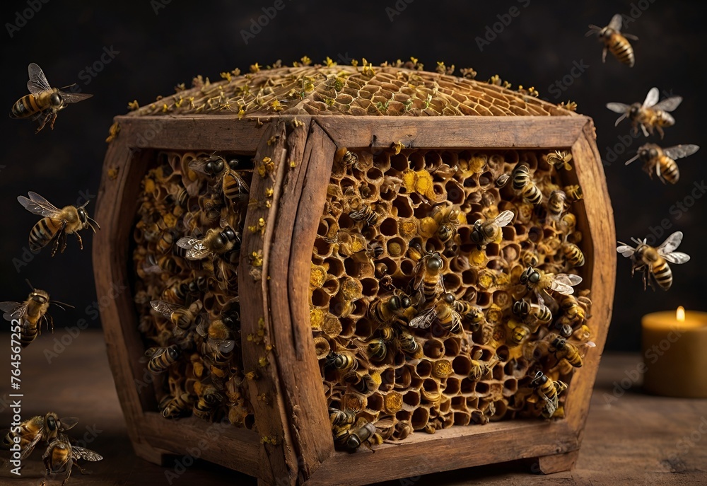 Bee house with a circular entrance. Hive body showing the frames ...