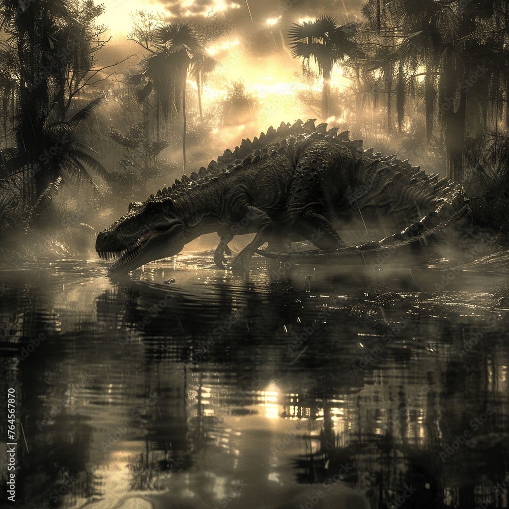 Holographic dinosaur scene, triassic to jurassic, evening calm ...