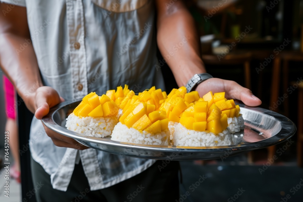 waiter carrying a tray of mango sticky rice desserts Stock Photo ...