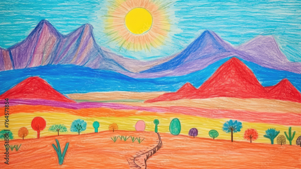 Crayon wax kid hand drawn landscape view with desert area, cactus,sun ...