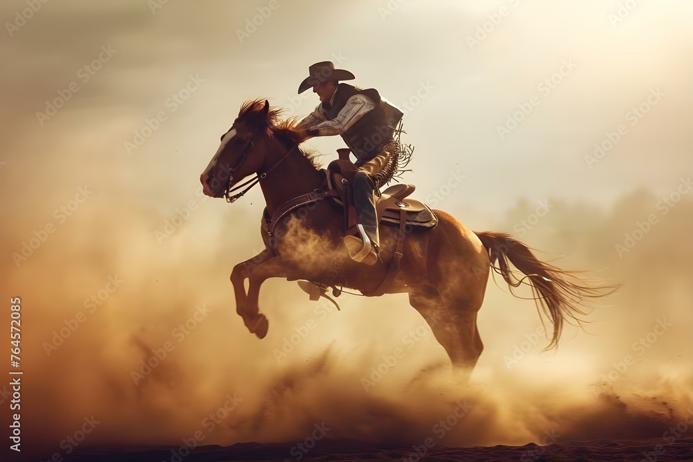 Cowboy riding bucking bronco in dusty rodeo arena capturing the thrill ...