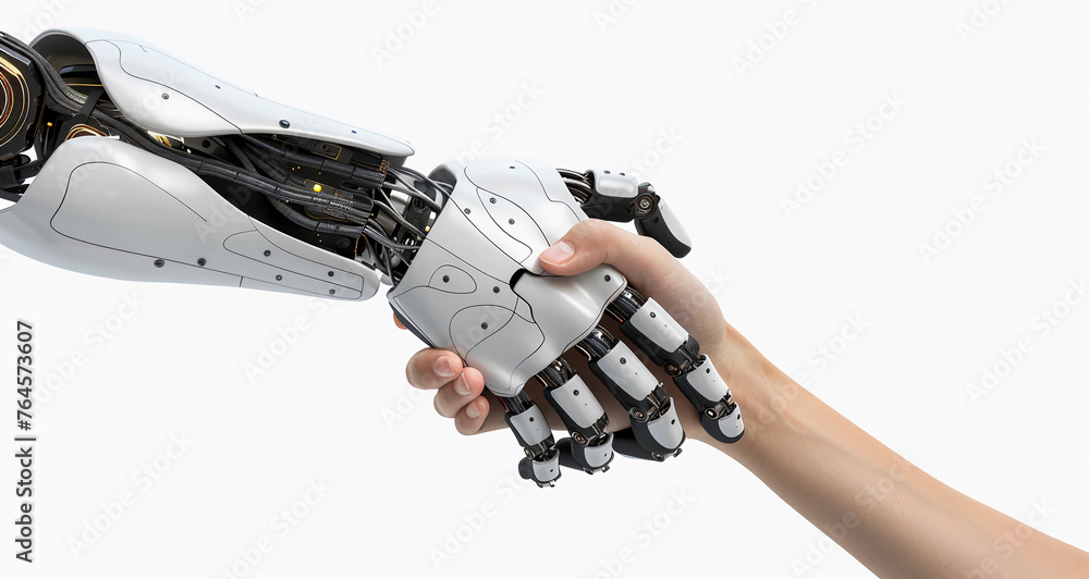 Portrait of a firm handshake between a human and a machine hands ...